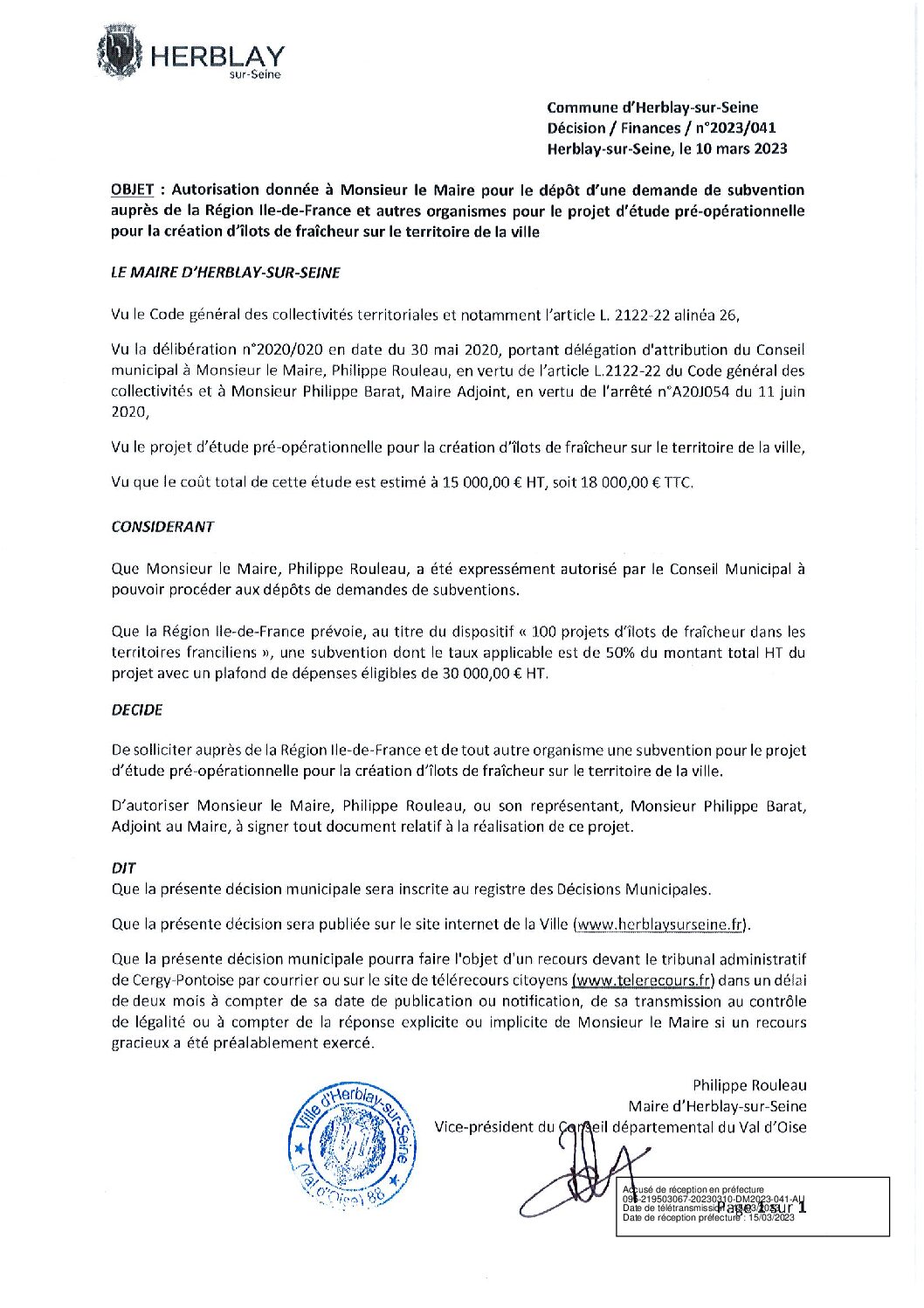 Autorisation donnée à Monsieur le Maire pour le dépôt d’une demande de su… - Herblay-sur-Seine