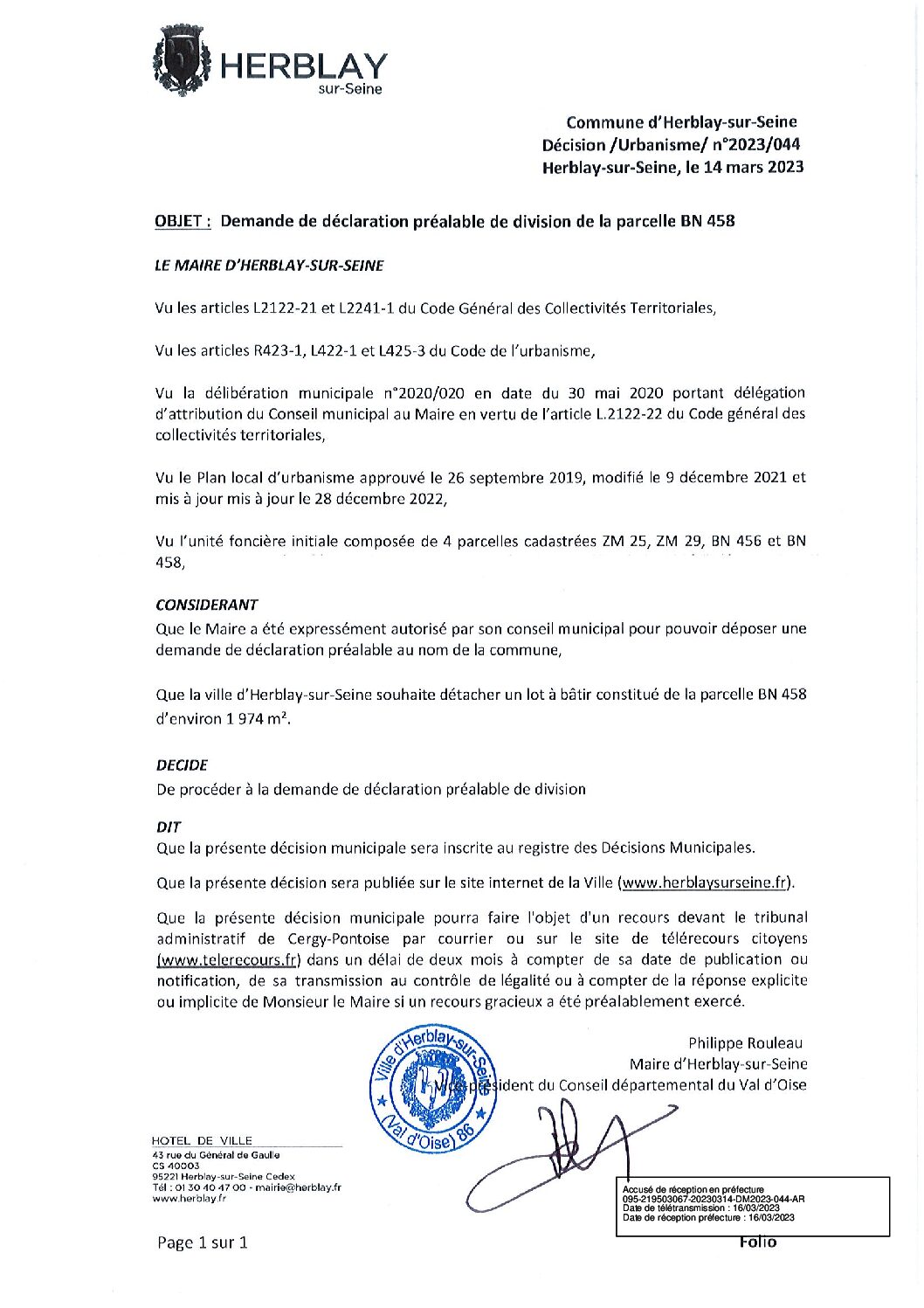 Demande de déclaration préalable de division de la parcelle BN 458 ...